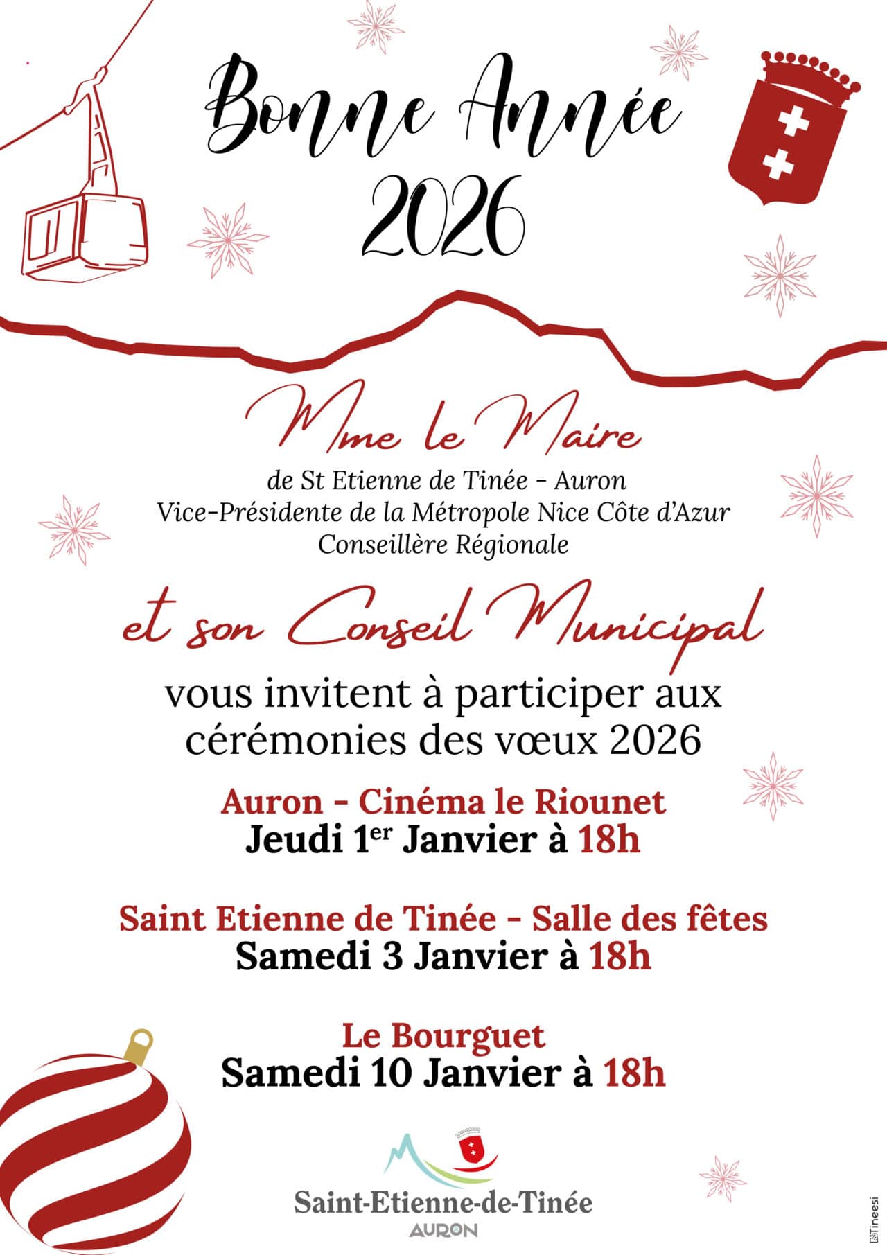 Invitation aux cérémonies des vœux 2026 - Auron - Saint Etienne de Tinée